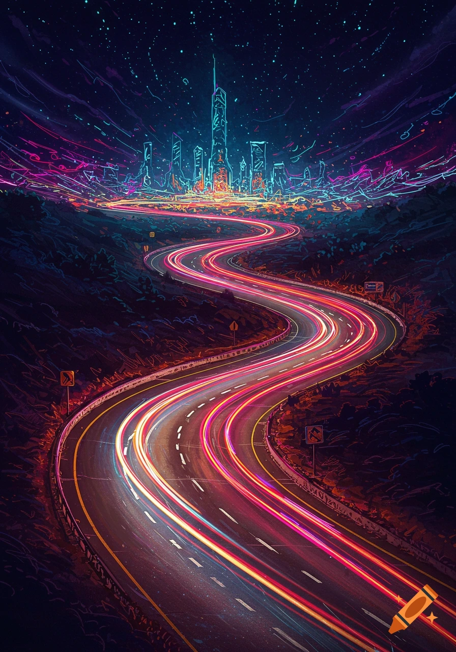 A vibrant, stylized cityscape at night with colorful fireworks, tall ...