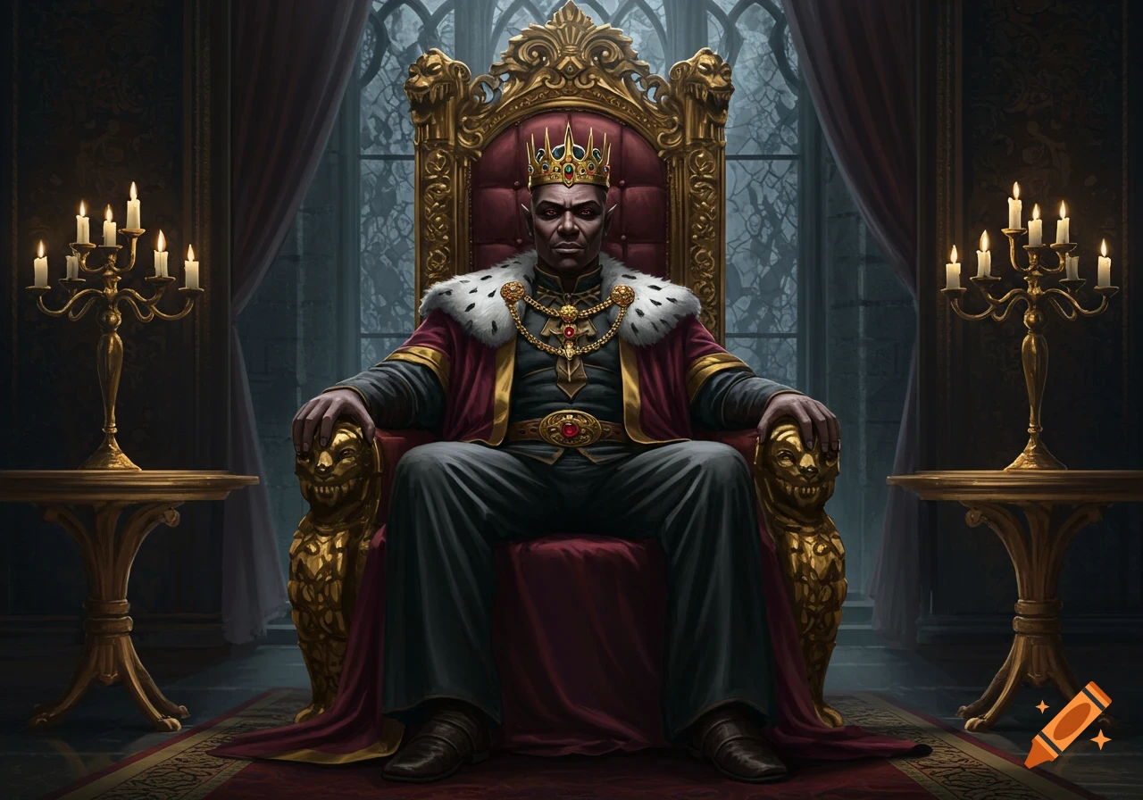 A dark-skinned king with red eyes and pointed ears sits on a golden ...