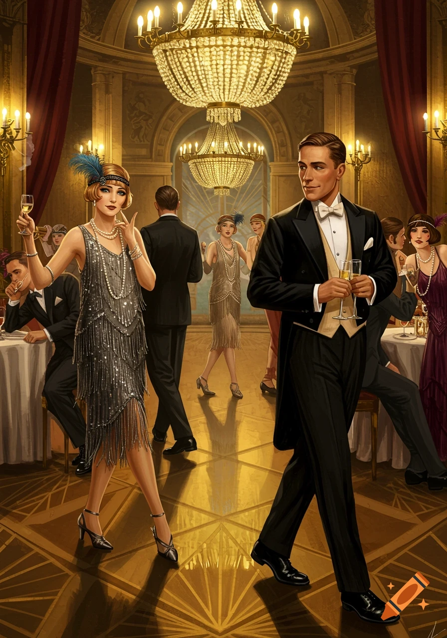 An illustrative scene of a lavish 1920s party in an opulent ballroom ...
