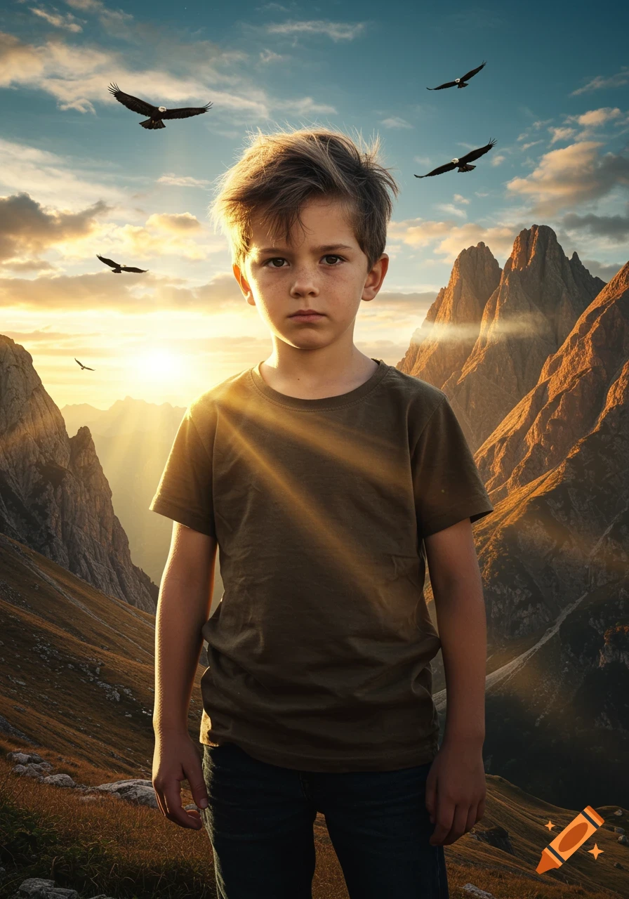 A young boy in a blue jacket stands in a misty forest with melting snow ...