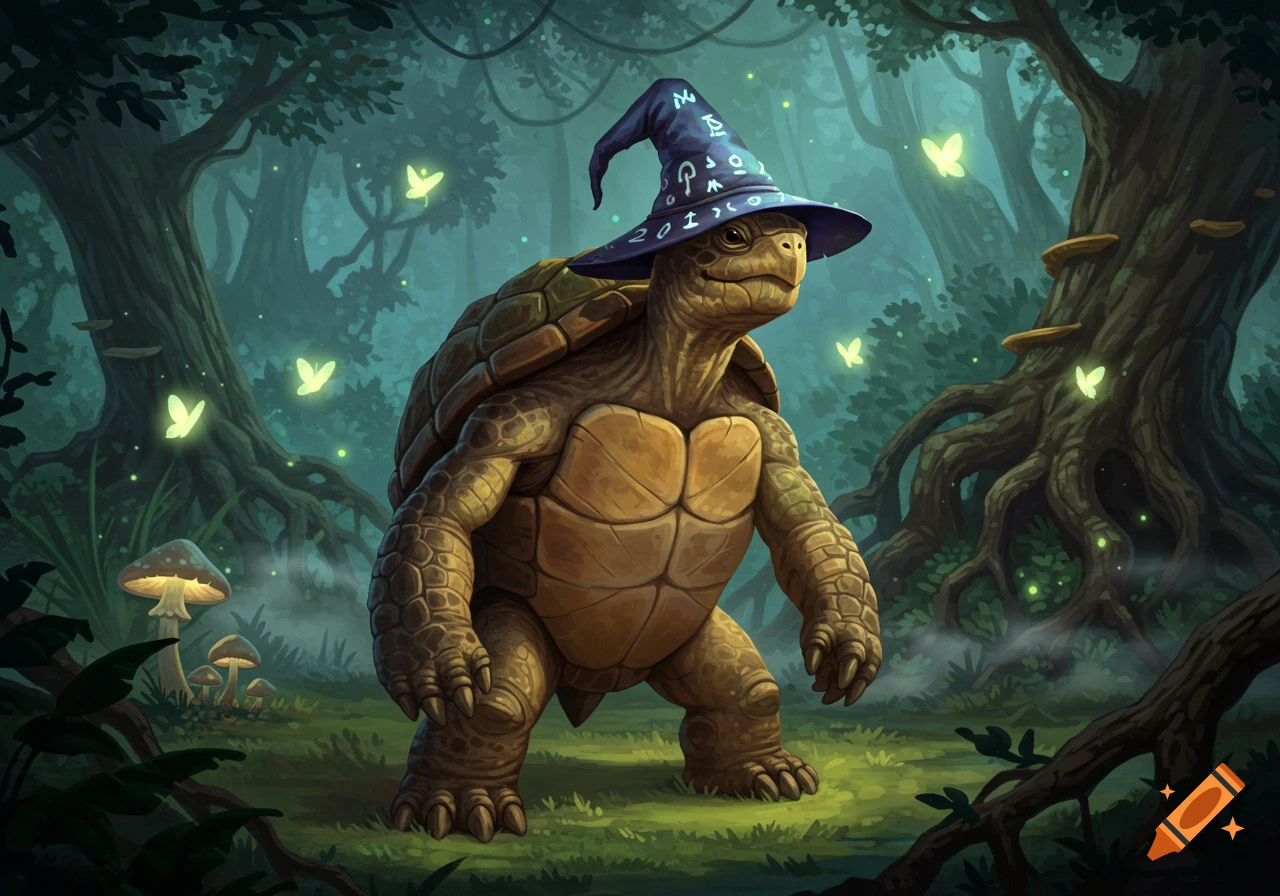 An anthropomorphic turtle druid wearing a green robe with glowing runic ...