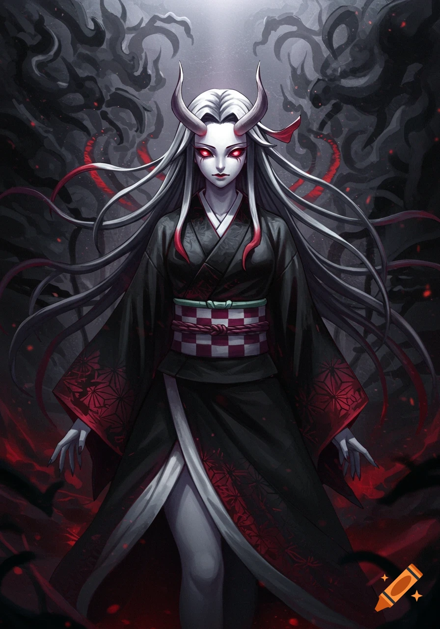 A female demon with white hair, red eyes, horns, and pale skin wears a ...