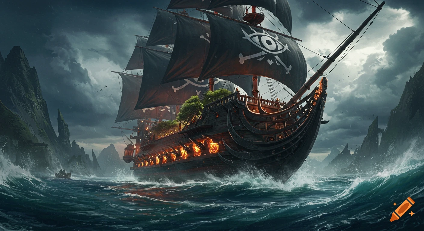 A photorealistic vintage cargo ship on choppy waves inside a glass ...