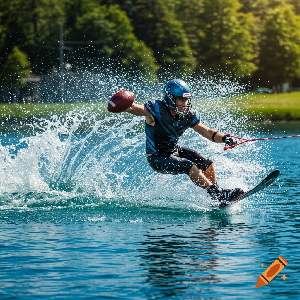 A football player in a helmet and uniform water skiing, holding a ...