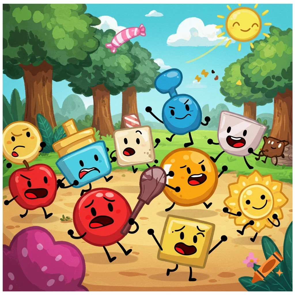 Colorful cartoon illustration of anthropomorphic objects with faces and ...