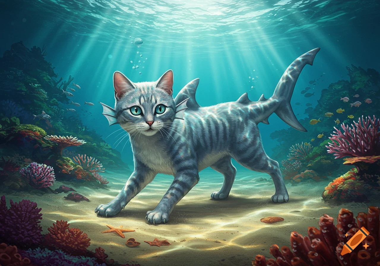 A mystical sphinx cat with glowing blue eyes and patterns sits in an ...