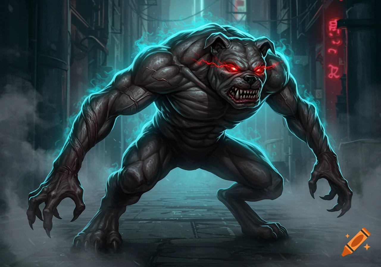 Angry demonic bulldog creature with glowing red eyes and a blue neon ...