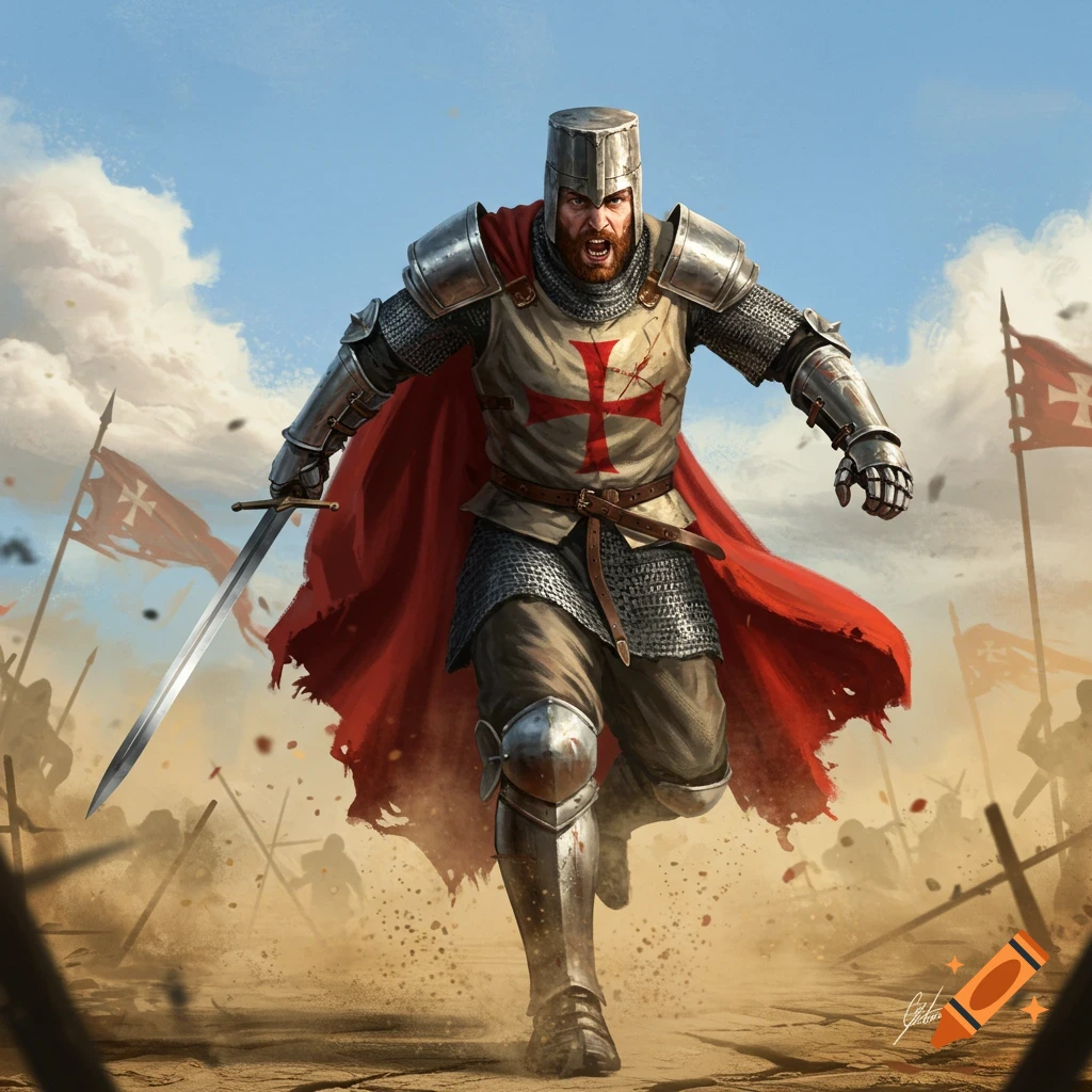 A grim armored warrior with a sword and a shield marked 'NAS' stands ...