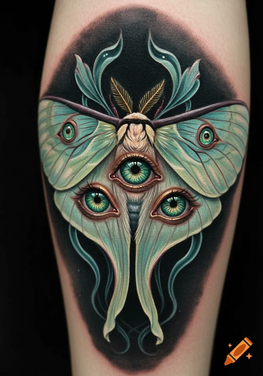 Vibrant tattoo of a luna moth with multiple human eyes on its wings and ...