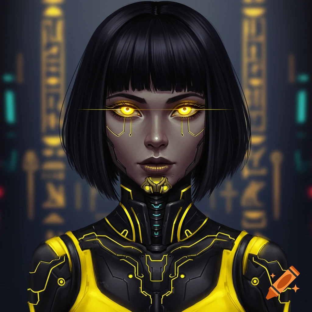 Close-up portrait of a sci-fi anime woman with short black hair ...