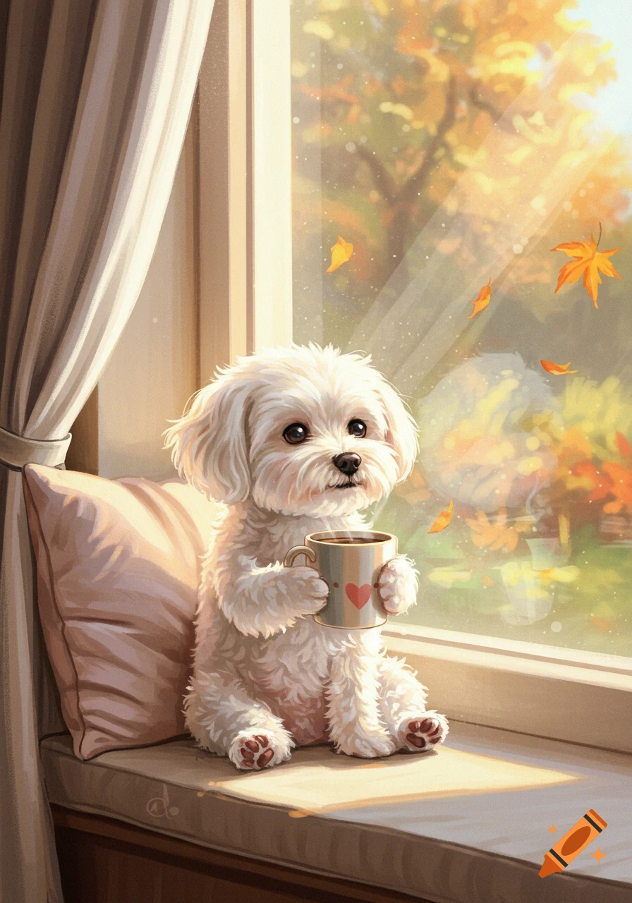 A cute white toy poodle wearing a quilted winter jacket and a white ...