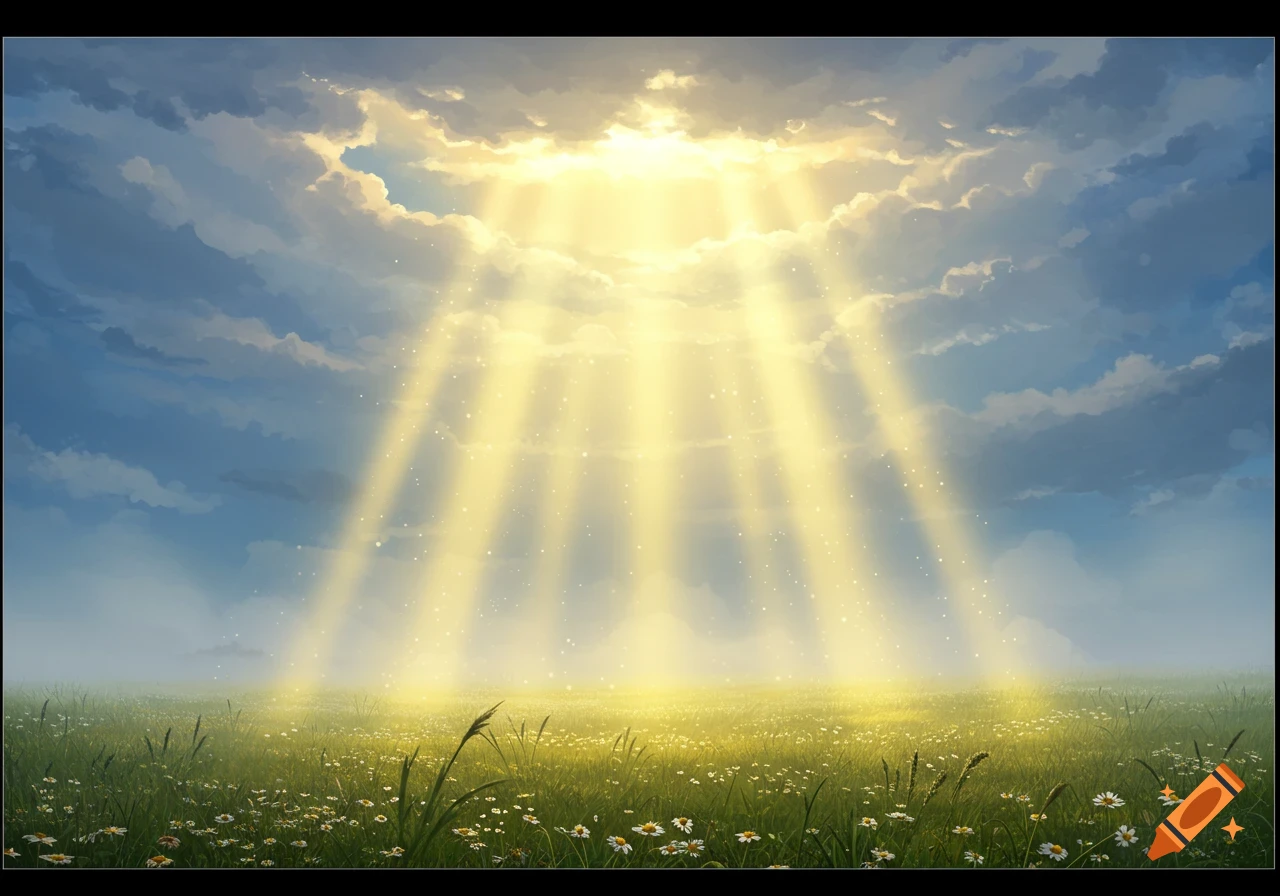 Ethereal golden sun rays stream through fluffy clouds onto a vibrant ...