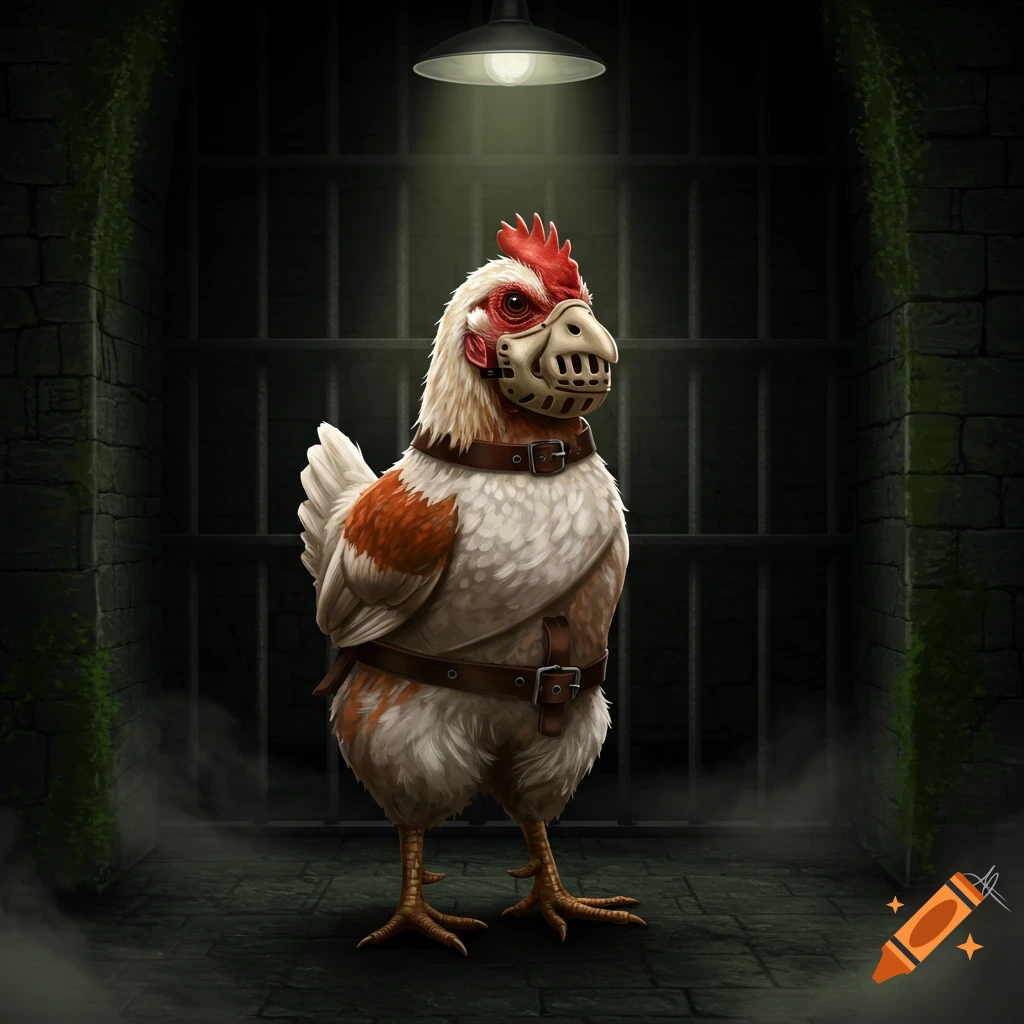 A chicken wearing a Hannibal Lecter-style mask and straitjacket stands ...