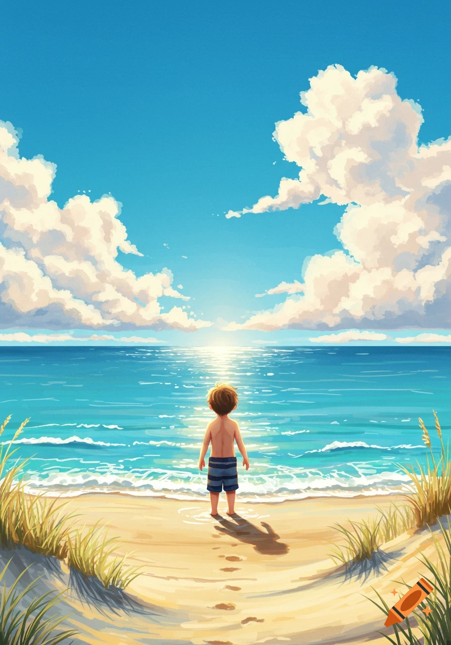 A young boy runs joyfully through shallow ocean water on a beach at ...