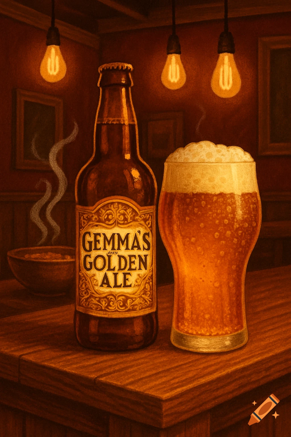 A painterly image of a bottle of Gemma's Golden Ale next to a foamy ...