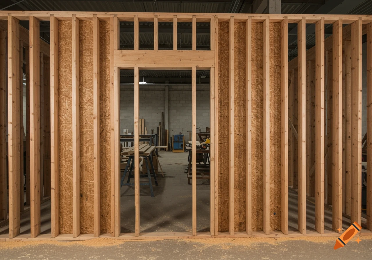 Photorealistic image of a wooden stud partition wall with a doorway ...
