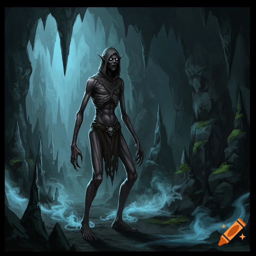 A gaunt, grey-skinned hooded creature with glowing eyes, wearing a ragged loincloth, stands in a ...