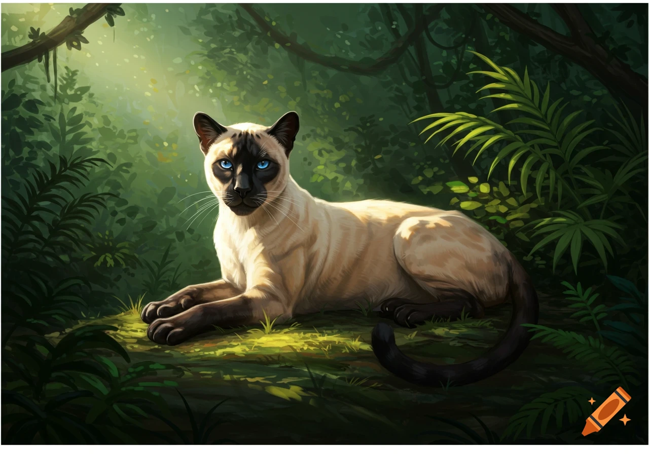A Siamese cat with striking blue eyes lies in a sun-dappled tropical jungle, rendered in a ...