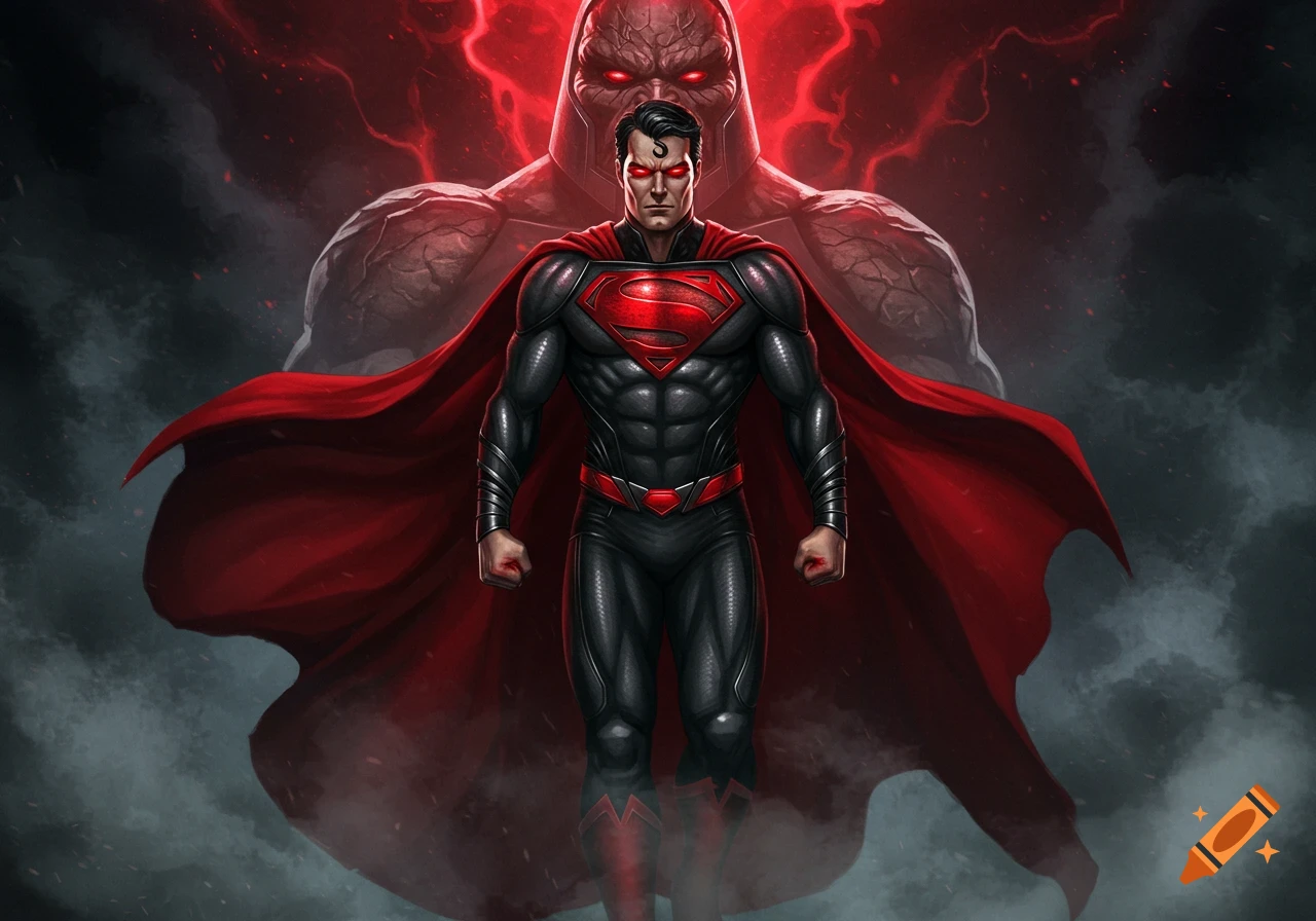 Muscular gorilla in a black and red superhero armored suit and a red ...