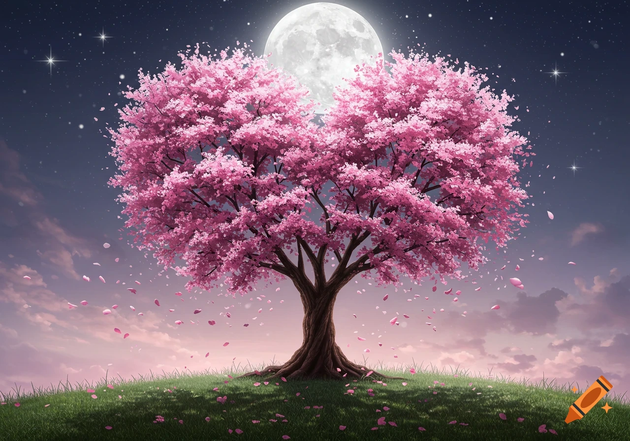 A vibrant cartoon cherry blossom tree with exposed roots on a grassy ...