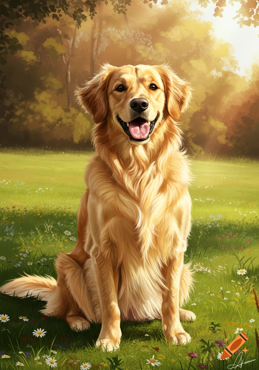 A golden retriever stands in a grassy field with wildflowers during a ...