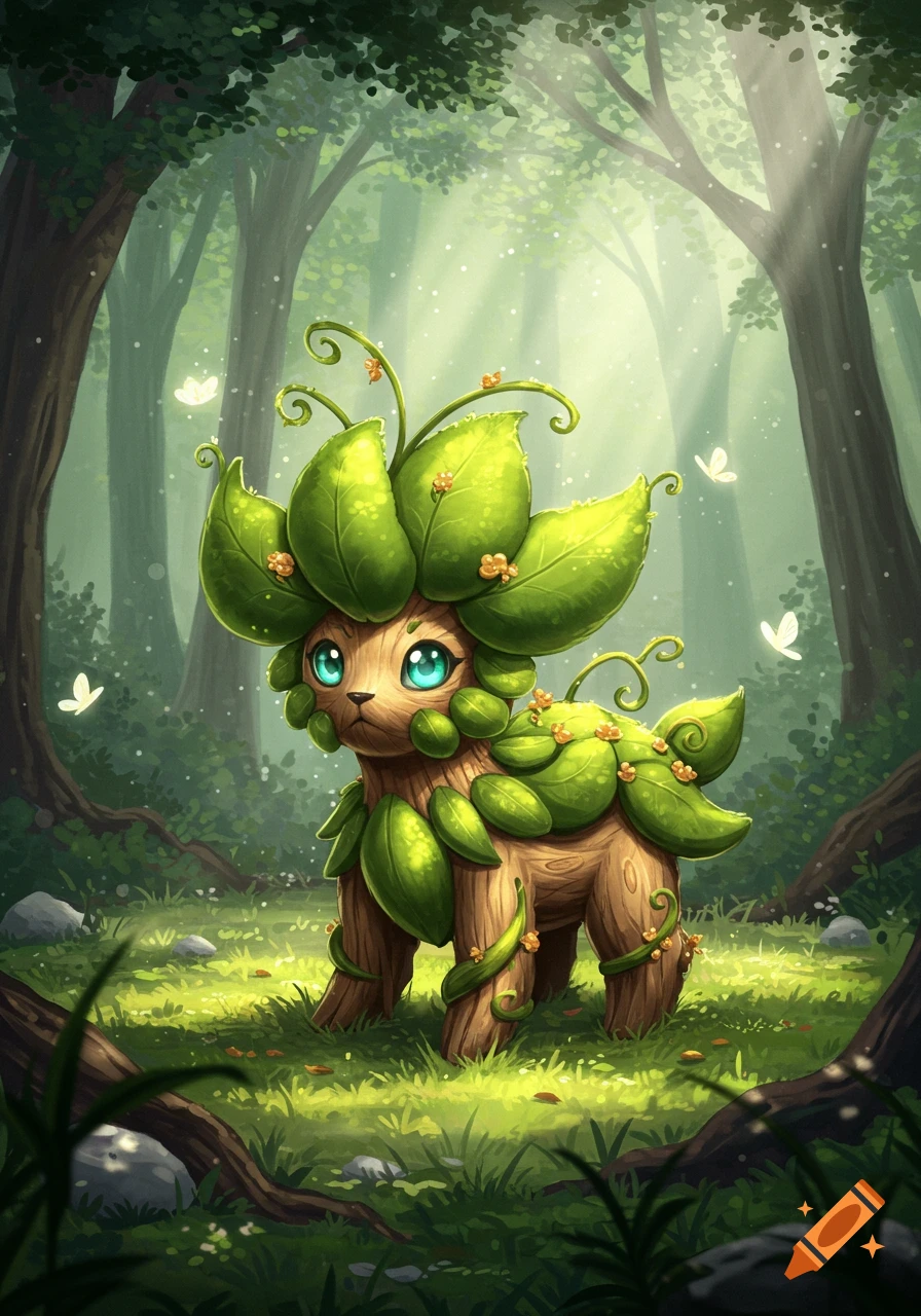 A cute, plant-like fakemon with a wooden body and large green leaves ...