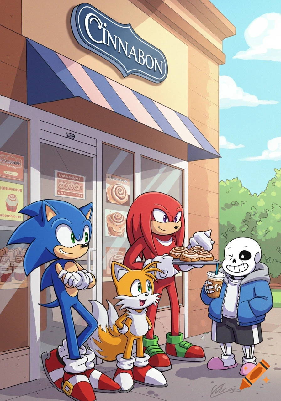 Sonic, Tails, Knuckles, and Sans Undertale stand outside a Cinnabon ...