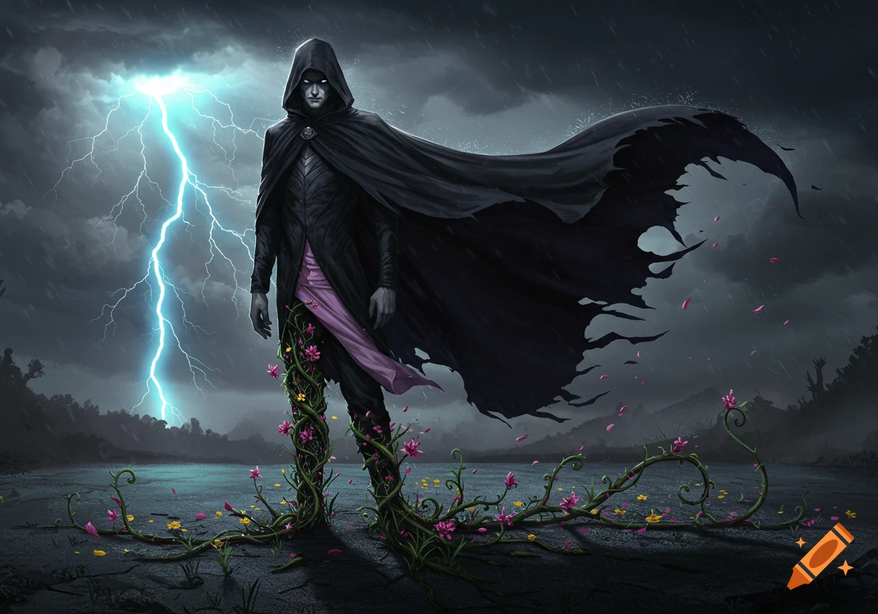 A hooded figure in a dark cloak, with glowing eyes, stands amidst a ...