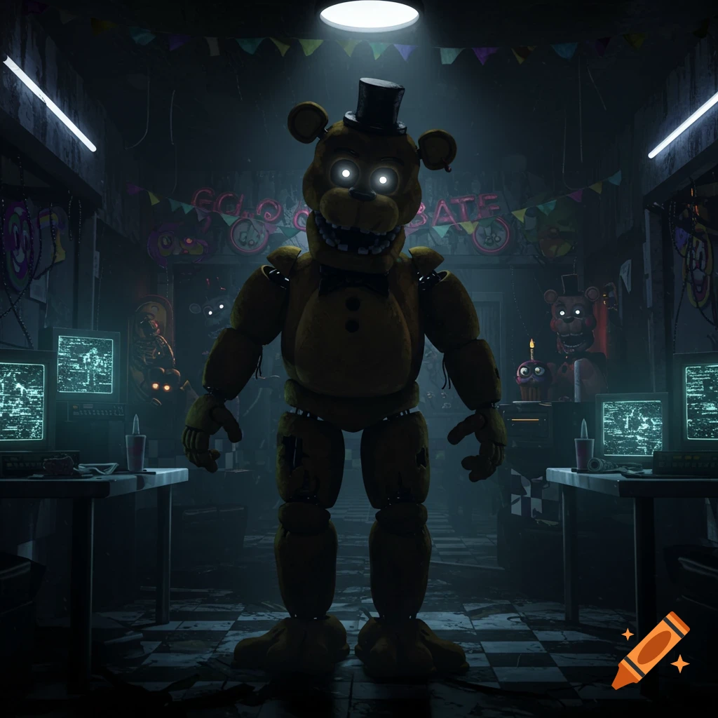 An unsettling, wire-covered animatronic with a white face and red ...