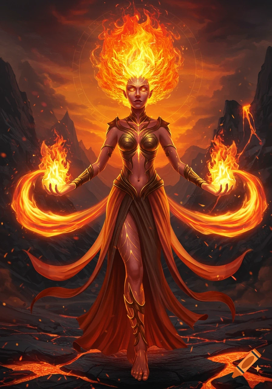 Fantasy art of a woman with flaming hair and glowing eyes, standing in ...