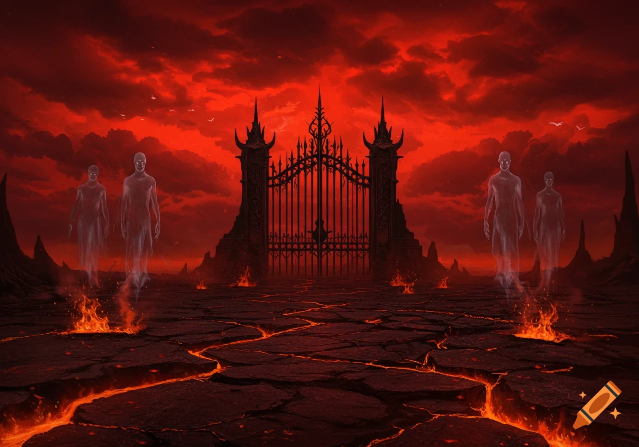 A dark fantasy scene of a hellish landscape with a gothic gate, ghostly ...