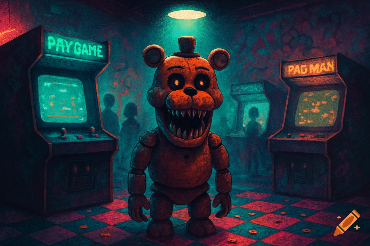 A cartoon bear in a top hat, a purple bunny with a guitar, a yellow ...