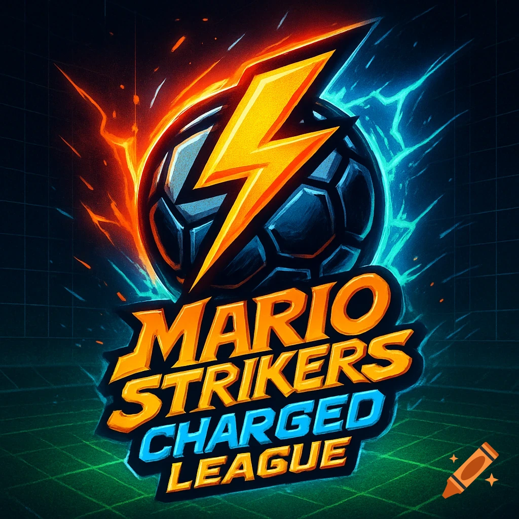 A stylized logo for Mario Strikers Charged League, featuring a dark ...
