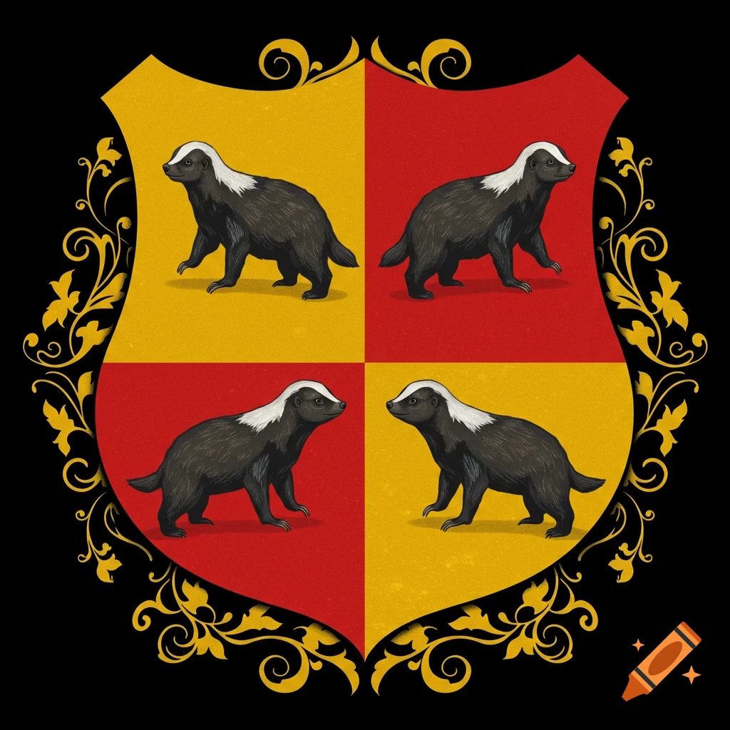 A heraldic shield quartered in red and yellow, featuring four honey ...