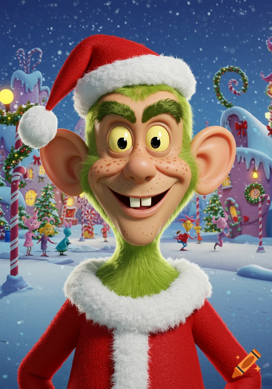 A cartoon character, a blend of the Grinch and Alfred E. Neuman ...