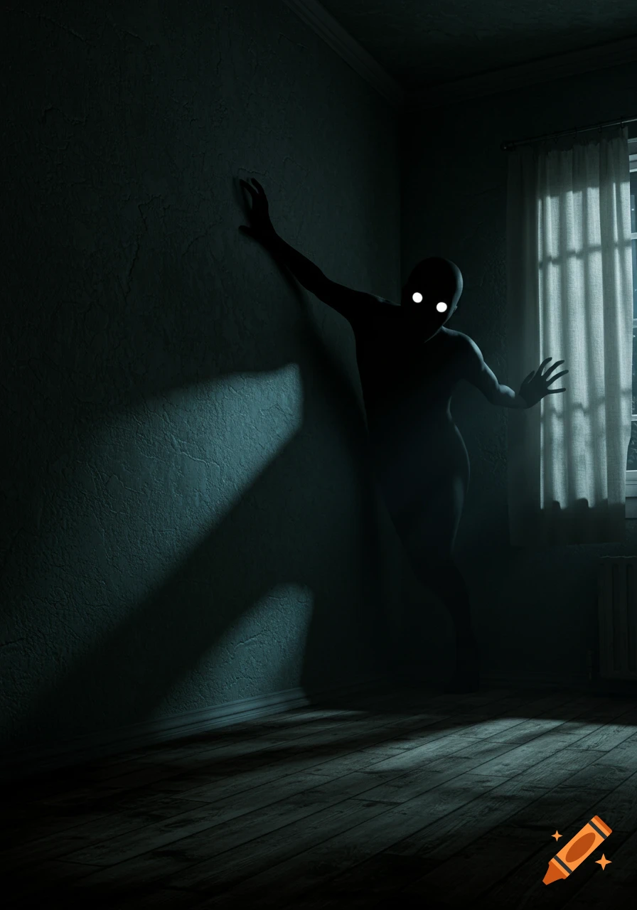 A shadowy humanoid figure with glowing eyes in a dark bedroom, lit by ...