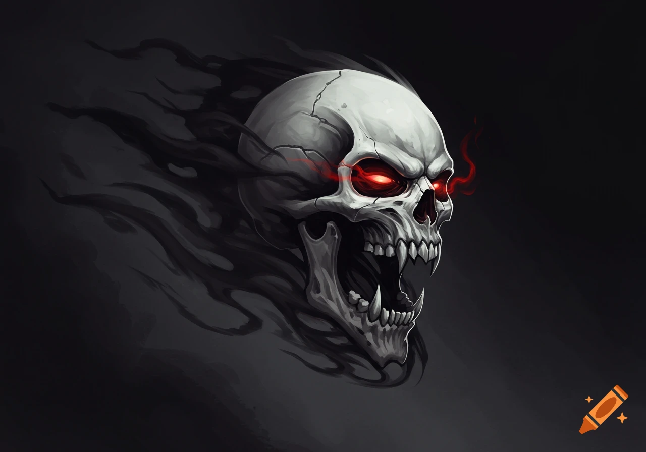 A hyper-detailed, dark digital illustration of a menacing skull with ...
