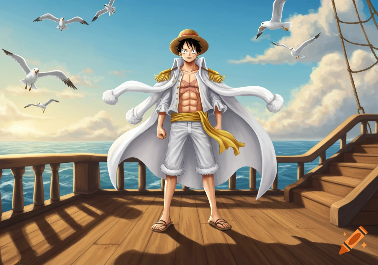 Monkey D. Luffy with stretched arms stands on a road with light trails ...