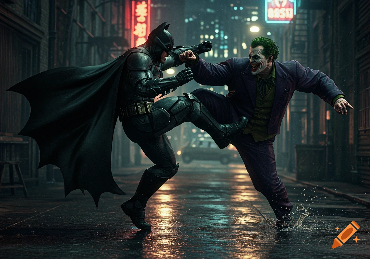 Batman and the Joker fight in a rainy, neon-lit city alley. Batman ...