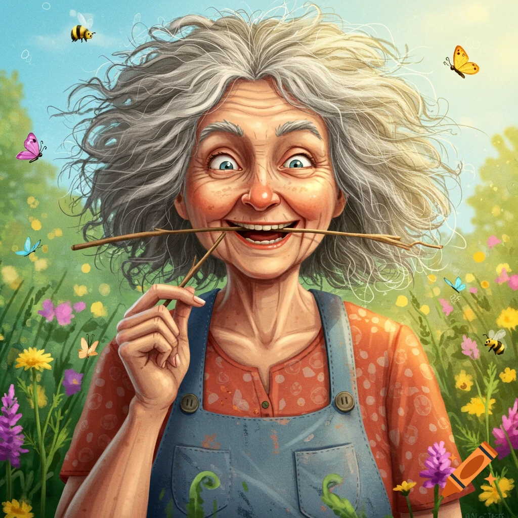 Colorful cartoon of a woman sitting on a bench in a botanical garden on ...