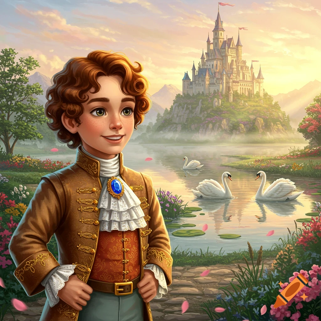An animated young prince in a blue suit stands in a rose garden with a ...