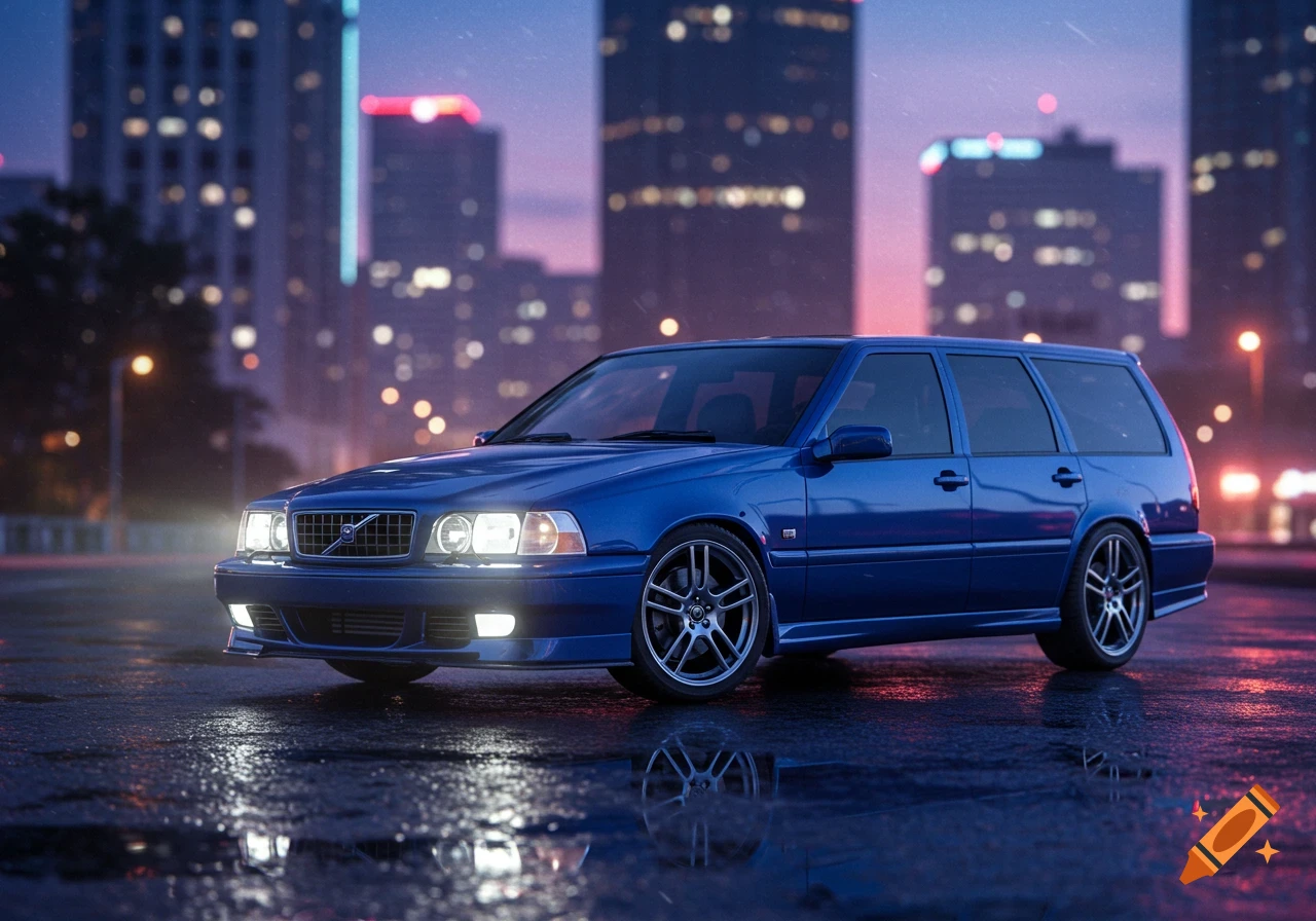 A blue Volvo station wagon sits on a dirt path in a mystical, foggy ...