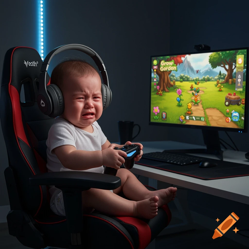 A crying baby wearing headphones and sitting in a gaming chair, holding ...