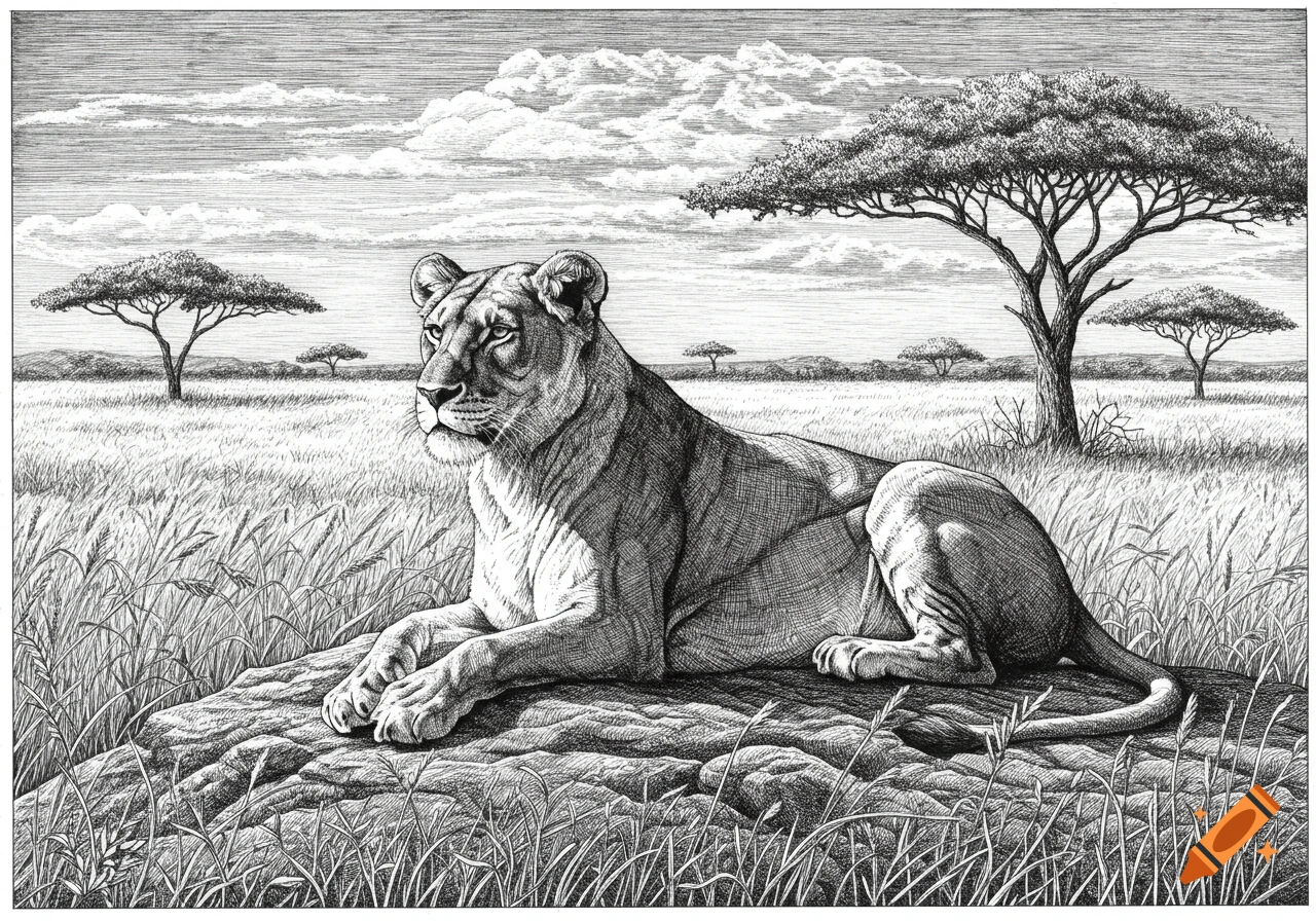 A detailed pencil drawing of an African elephant walking in a dry ...