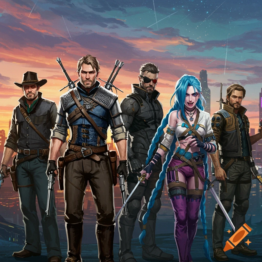 An illustration of five diverse video game characters, including Arthur ...