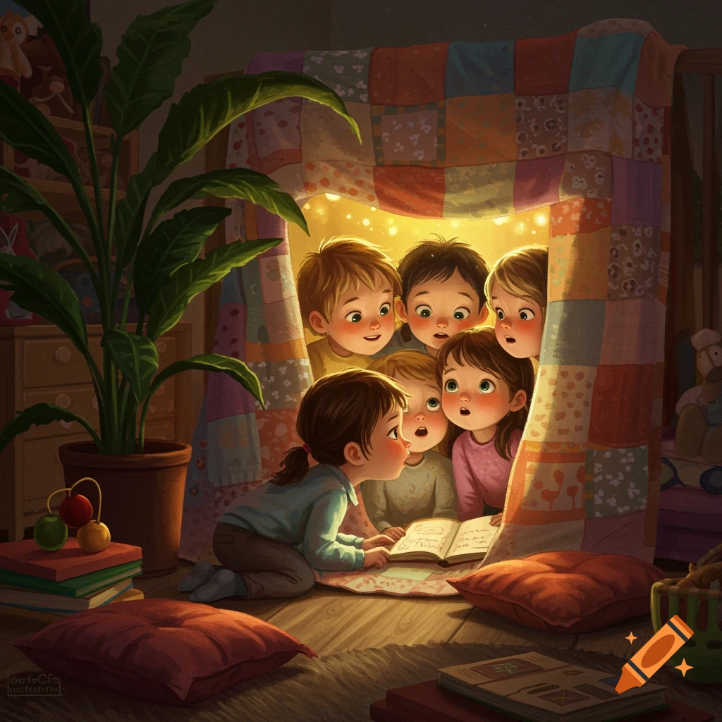 Six diverse children inside a cozy blanket fort, illuminated by warm ...