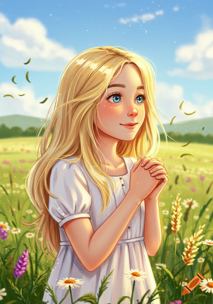 A blonde young girl with blue eyes, hands clasped, looks up serenely in ...