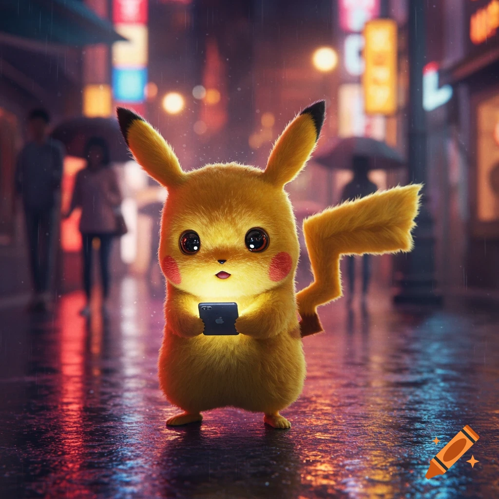 Pikachu smoking a cigarette on a rainy, neon-lit city street at night ...