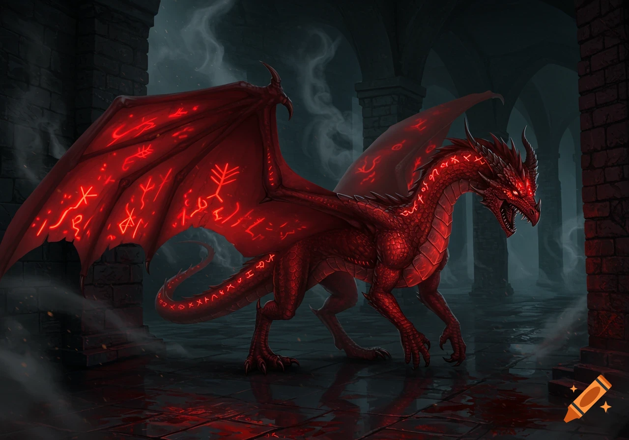 A majestic red dragon with glowing runic symbols on its scales and ...