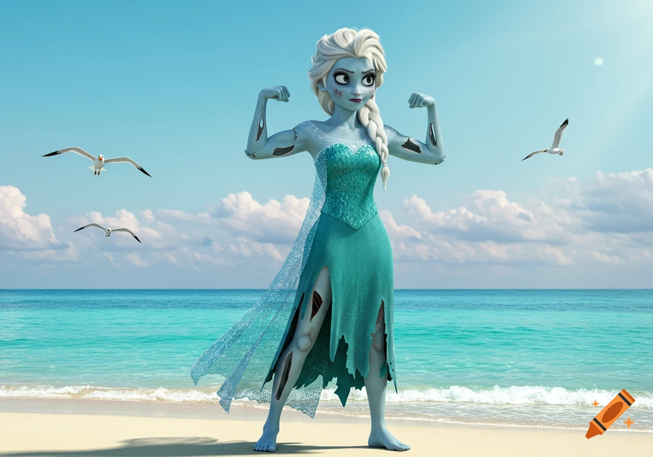 Elsa from Frozen, in a blue bikini, flexes her muscles on a sunny beach ...